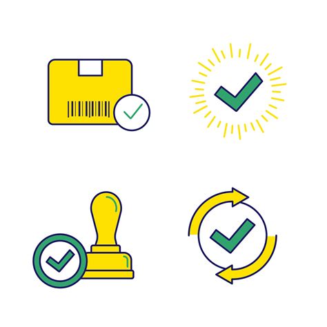 Approve Color Icons Set Verification And Validation Approved Delivery Check Mark Stamp Of