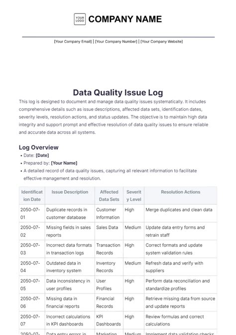 Free Data Quality Issue Log Template To Edit Online