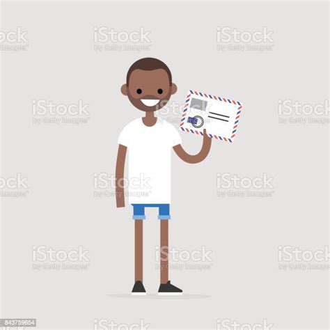 젊은 흑인 캐릭터 우표와 봉투를 들고 종이 편지 통신 평면 편집 가능한 벡터 일러스트 레이 션 클립 아트 개념에 대한 스톡 벡터