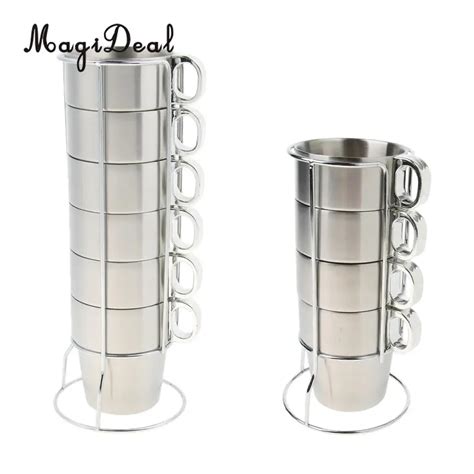 Stainless Steel Cups Water Tea Coffee Mugs With Stackable Rack Holder Outdoor Camping Hiking