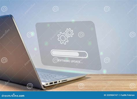 Software System Update Process Concept A Laptop On The Table With Updating Progress Bar On