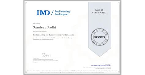 Completion Certificate For Sustainability For Business Esg Fundamentals Sandeep Kumar Padhi