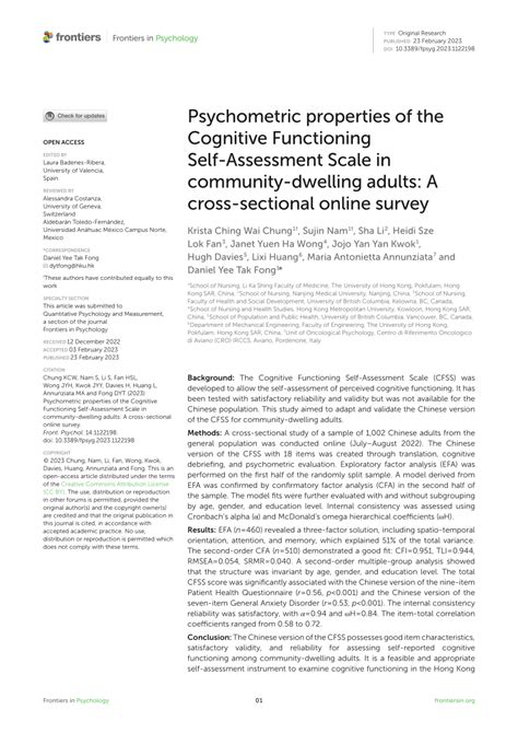Pdf Psychometric Properties Of The Cognitive Functioning Self Assessment Scale In Community