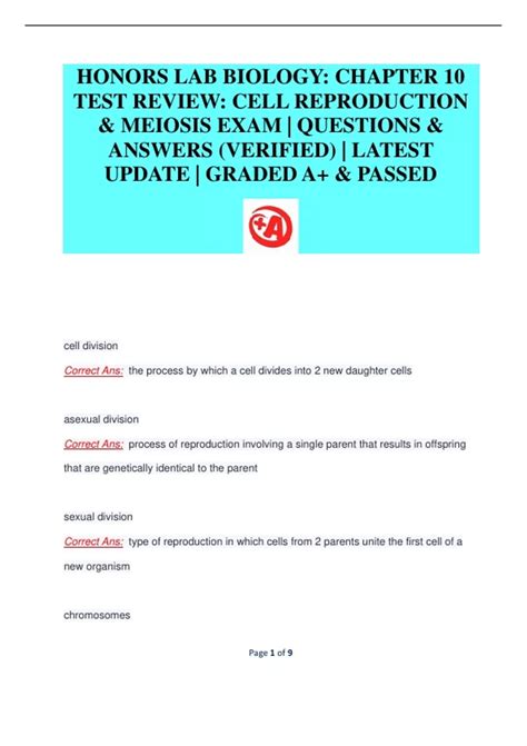 HONORS LAB BIOLOGY CHAPTER TEST REVIEW CELL REPRODUCTION MEIOSIS EXAM QUESTIONS