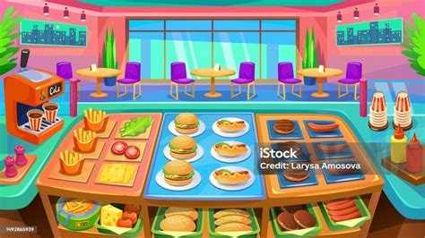 패스트 푸드 게임 배경입니다 재료가 있는 만화 스타일의 레스토랑 주방 아이콘에 대한 스톡 벡터 아트 및 기타 이미지 아이콘