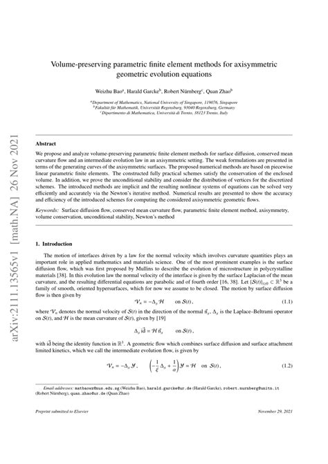 Pdf Volume Preserving Parametric Finite Element Methods For Axisymmetric Geometric Evolution