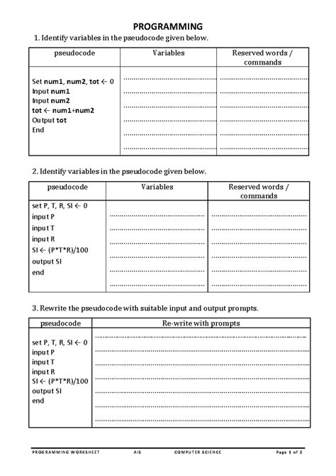 Algorithms Worksheet Identify Variables In The Pseudocode Given