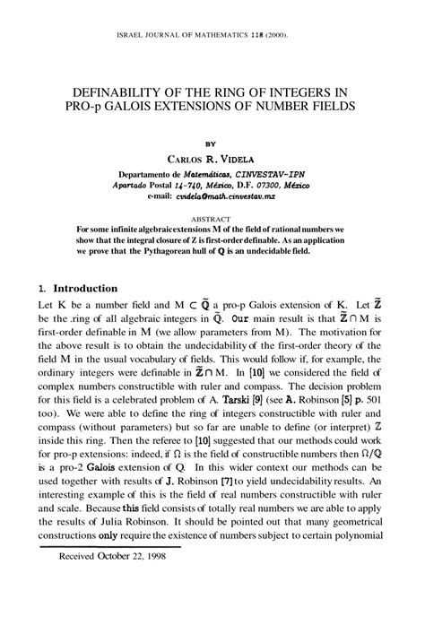 Pdf Definability Of The Ring Of Integers In Pro P Galois Extensions
