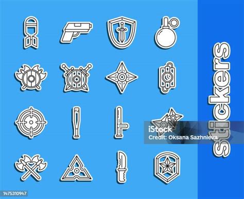 세트 라인 경찰 배지 일본 닌자 수리검 다이너마이트 스틱 및 타이머 시계 칼과 중세 방패 나무 교차 칼 도끼 항공 폭탄 및 아이콘 벡터 강철에 대한 스톡 벡터 아트 및 기타