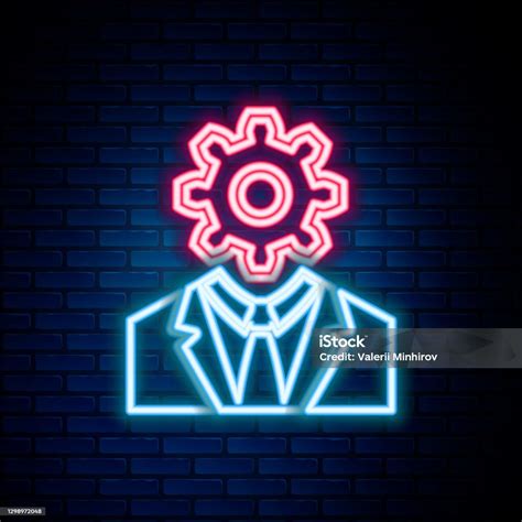 벽돌 벽 배경에 고립 된 아이콘 내부 기어와 빛나는 네온 라인 인간의 머리 인공 지능 뇌를 생각 뇌의 상징 작업 다채로운 개요 개념 벡터 0명에 대한 스톡 벡터 아트 및