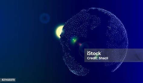 Eps 10입니다 점 선 및 모양 행성 별과 우주의 형태로 구성 된 공간 또는 밤하늘의 형태로 지구 행성의 추상 이미지 지구 벡터 와이어 프레임 개념 개념에 대한 스톡 벡터