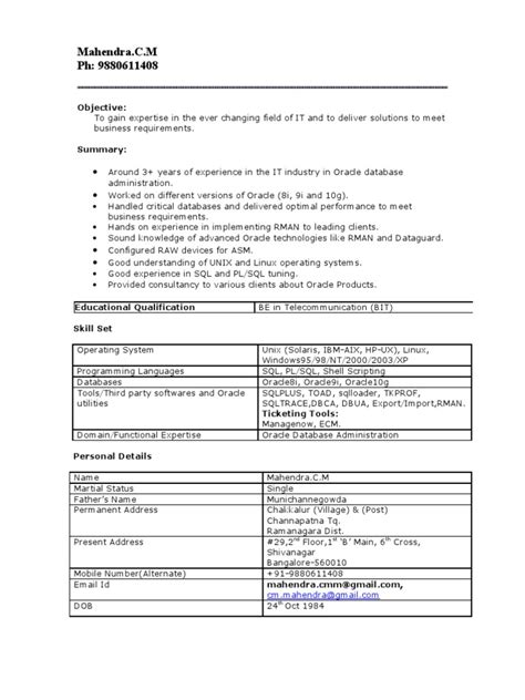 mahendra resume pdf oracle database databases