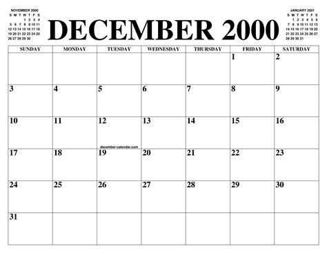 December 2000 Calendar Of The Month Free Printable December Calendar