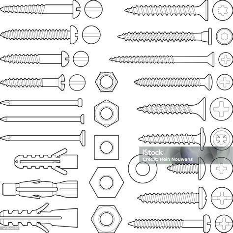 나사 너트 손톱과 벽 플러그 컬렉션벡터 라인 일러스트 레이 션 고정시킴에 대한 스톡 벡터 아트 및 기타 이미지 고정시킴