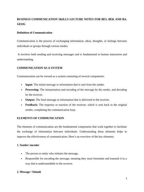 Lecture Notes For Business Communication Skills Pdf Communication Nonverbal Communication