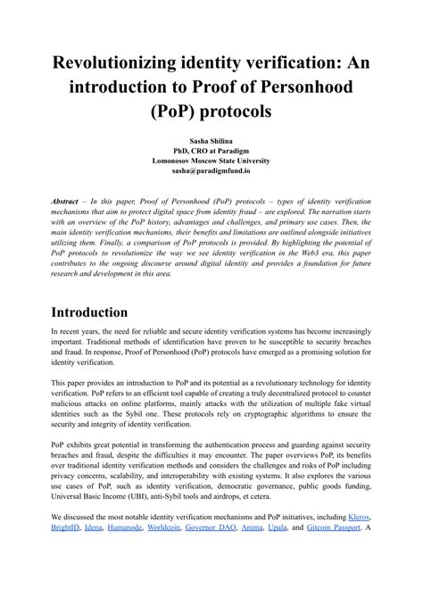 PDF Revolutionizing Identity Verification An Introduction To Proof Of Personhood PoP Protocols