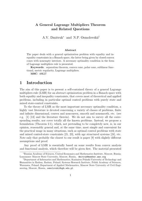 Pdf A General Lagrange Multipliers Theorem And Related Questions
