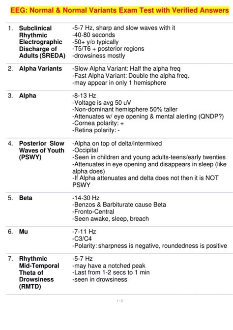 Eeg Normal And Normal Variants Exam Test With Verified Answers Eeg Normal And Normal Variants