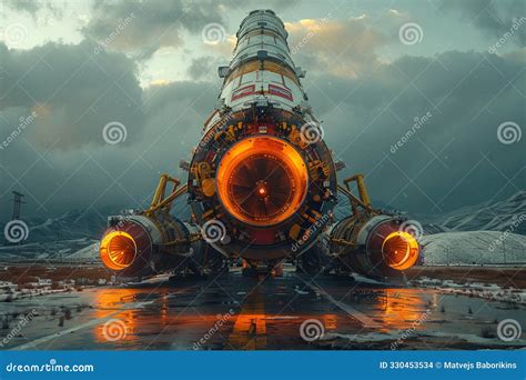 Rocket Engine Turbines On Spacecraft Ready For Launch On Runway For Space Exploration And