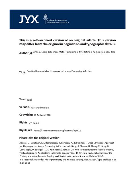 Pdf Practical Approach For Hyperspectral Image Processing In Python