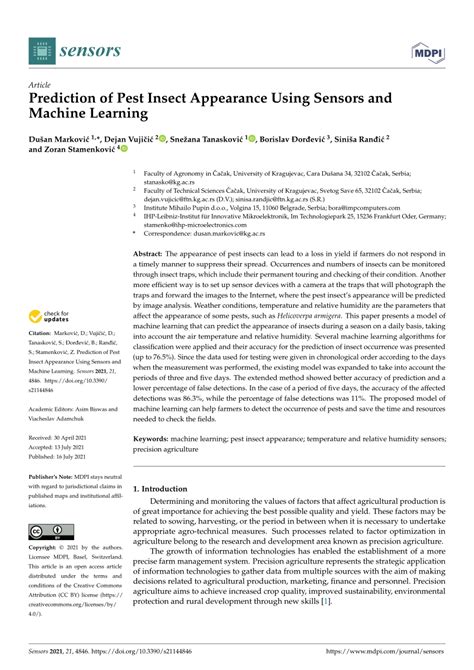 Pdf Prediction Of Pest Insect Appearance Using Sensors And Machine