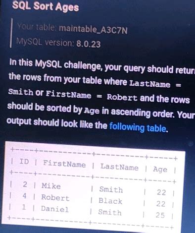 SQL Sort Ages Your Table MaintableA C N MySQL StudyX