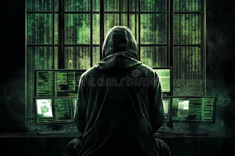 A Mysterious Figure Analyzes Data From Multiple Screens In A Dimly Lit Room Filled With Green