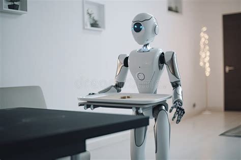 Robot Assistant Standing With Serving Tray In Living Room Stock