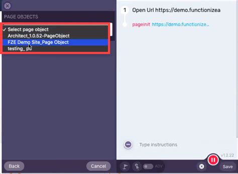 Adding An Existing Page Object During Test Case Creation In Architect Functionize