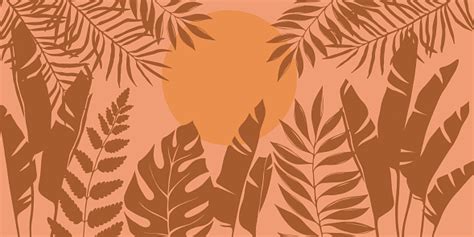 열대 나무와 잎 바나나 야자수 몬스터 고사리의 실루엣 일몰과 새벽 배경의 아프리카 풍경 사파리 여행에 대한 스톡 벡터 아트 및