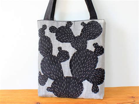 Embroidered Tote Bag Cactus Sashiko Bag Black And Grey Denim Handbag