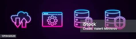 라인 클라우드 다운로드 및 업로드 브라우저 설정 잠금 및 쉴드가 있는 서버 보안을 설정합니다 빛나는 네온 아이콘 벡터 다운로드에 대한 스톡 벡터 아트 및 기타 이미지