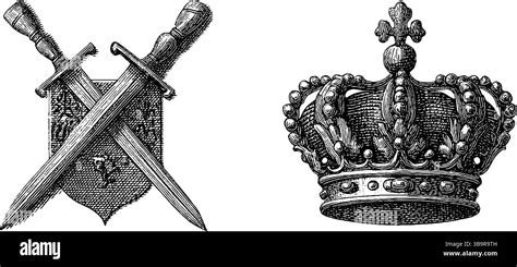 Heraldic Symbols With Crossed Swords And Crown Engraving For Medieval