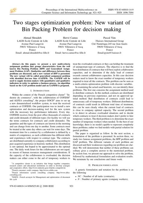 PDF Two Stages Optimization Problem New Variant Of Bin Packing Problem For Decision Making