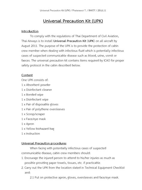 Universal Precaution Kit 28jul11 Pdf Flight Attendant Housekeeping