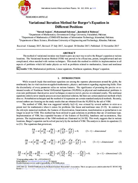 Pdf Variational Iteration Method For Burgers Equation In Different