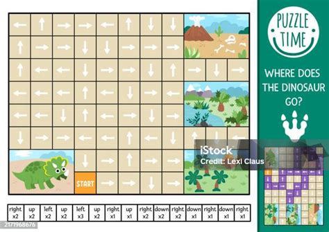 트리케라톱스를 가진 아이들을 위한 공룡 논리 미로 선사 시대 유치원 인쇄 가능한 활동 왼쪽 오른쪽 위 아래 개념의 미로 게임