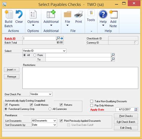 microsoft dynamics gp how to creating a payables check batch using a cutoff date erp software