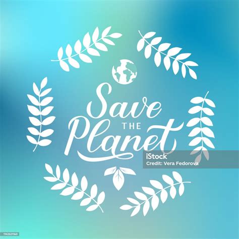 푸른 배경에 나뭇잎과 지구본과 행성 서 예 레터링을 저장 합니다 에코 및 환경 동기 부여 포스터 지구의 날 벡터 일러스트입니다 배너 기호 디자인 전단지 등을 위한 템플릿