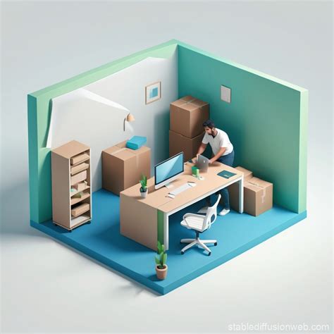 Stylized 3d Floating Isometric Room Scene In The Style Of A Blender Render Of 2 Hispanic Movers