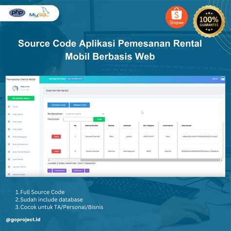 jual source code aplikasi pemesanan rental mobil berbasis web shopee