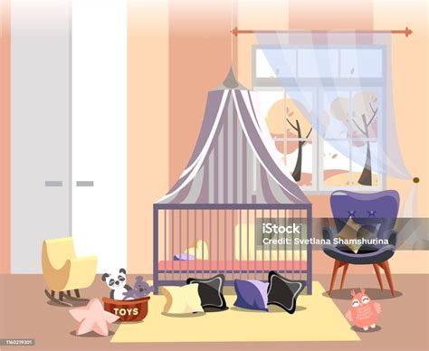 침실 가구의 신생아 아이 또는 보육실 인테리어 평면 벡터 그림입니다 장난감 쉬운 의자 캐노피가있는 침대 가을 풍경이있는 창문이있는 따뜻한 노란색 분홍색 색상의 어린이 방