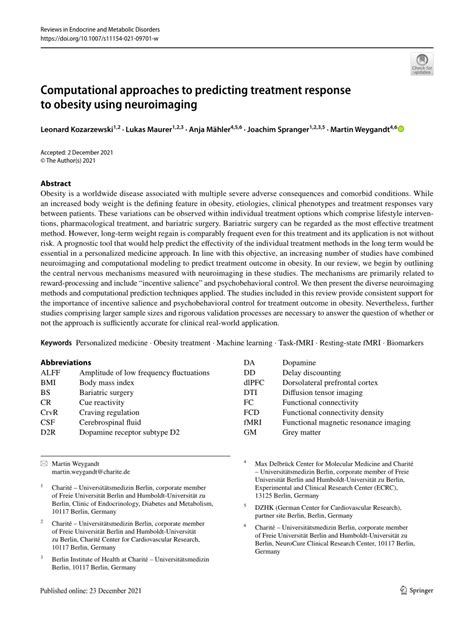 Pdf Computational Approaches To Predicting Treatment Response To Obesity Using Neuroimaging