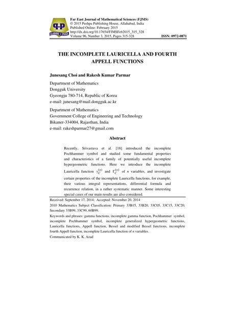 Pdf The Incomplete Lauricella And Fourth Appell Functions