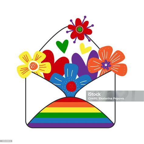 열린 봉투에 하트와 꽃이 있는 게이 무지개 연애 편지 Lgbt 발렌타인 데이 낭만적 인 자부심 퀴어 평등 및 권리 개념 벡터