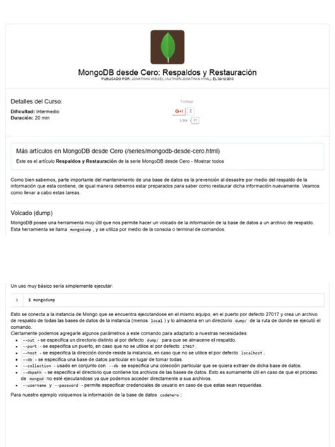Mongodb Desde Cero Respaldos Y Restauración Codehero Pdf Mongo Db Metadatos