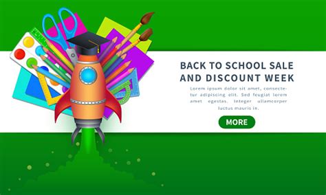 온라인 상점 할인 프로모션을위한 연필 페인트 브러시 컬러 페이퍼 팔레트 통치자 및 가위와 같은 교육 용품이있는 학교 판매 배너