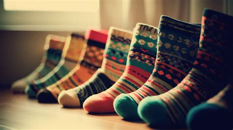 Various Colorful Socks In A Row In Front Of A Window Background Socks