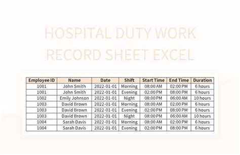 hospital duty work record sheet excel excel template free download