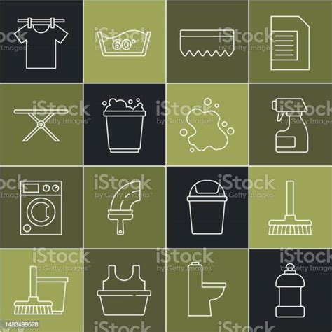 세정제 용 병 설정 손잡이 빗자루 청소 스프레이 병 스폰지 거품 양동이 다리미판 옷 건조 및 물 유출 아이콘 벡터 가정 생활에 대한 스톡 벡터 아트 및 기타 이미지 Istock